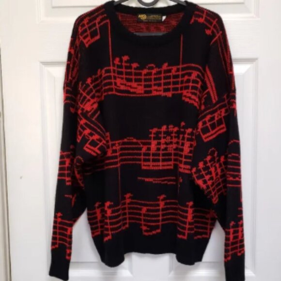 AIM | Sweaters | Vintage Aim Albert Elovitz Black Red Music Notes ...